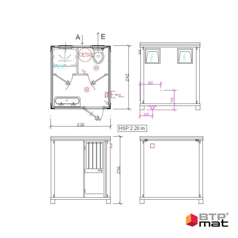 Bloc sanitaire préfabriqué de chantier - WC, lavabo double et douche (neuf)